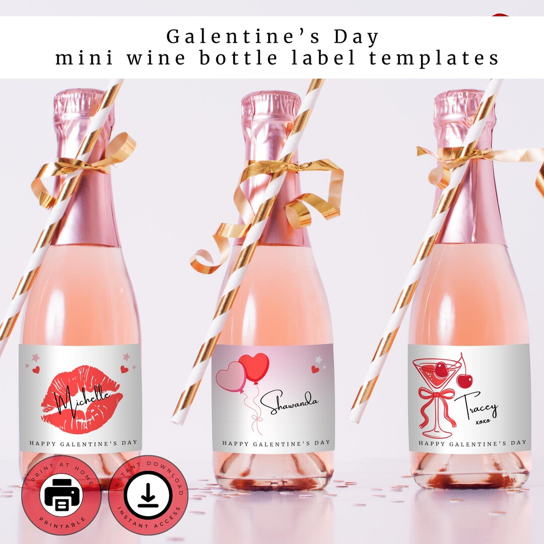 Galentine’s Day Mini Wine Bottle Label Template, Canva Editable Rosé ...