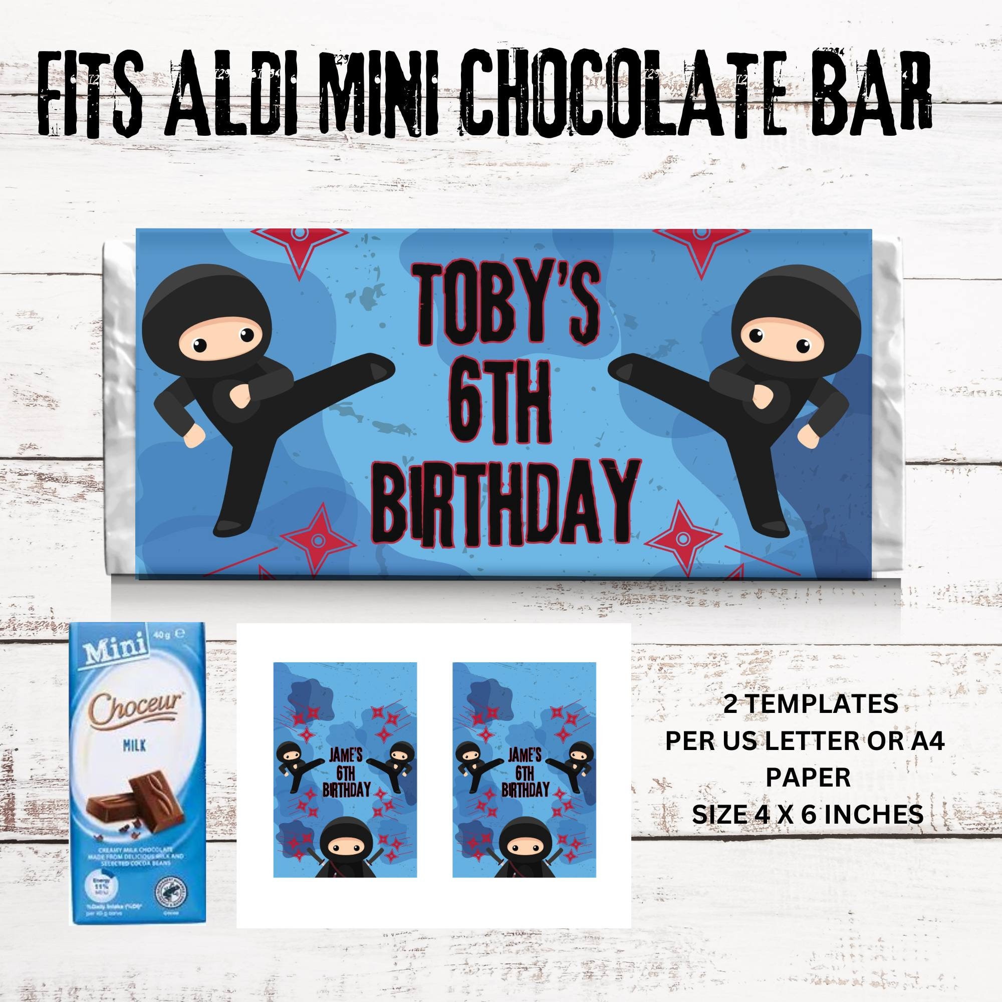 Editable Ninja Chocolate Bar Wrapper Template in Blue Aldi - Etsy