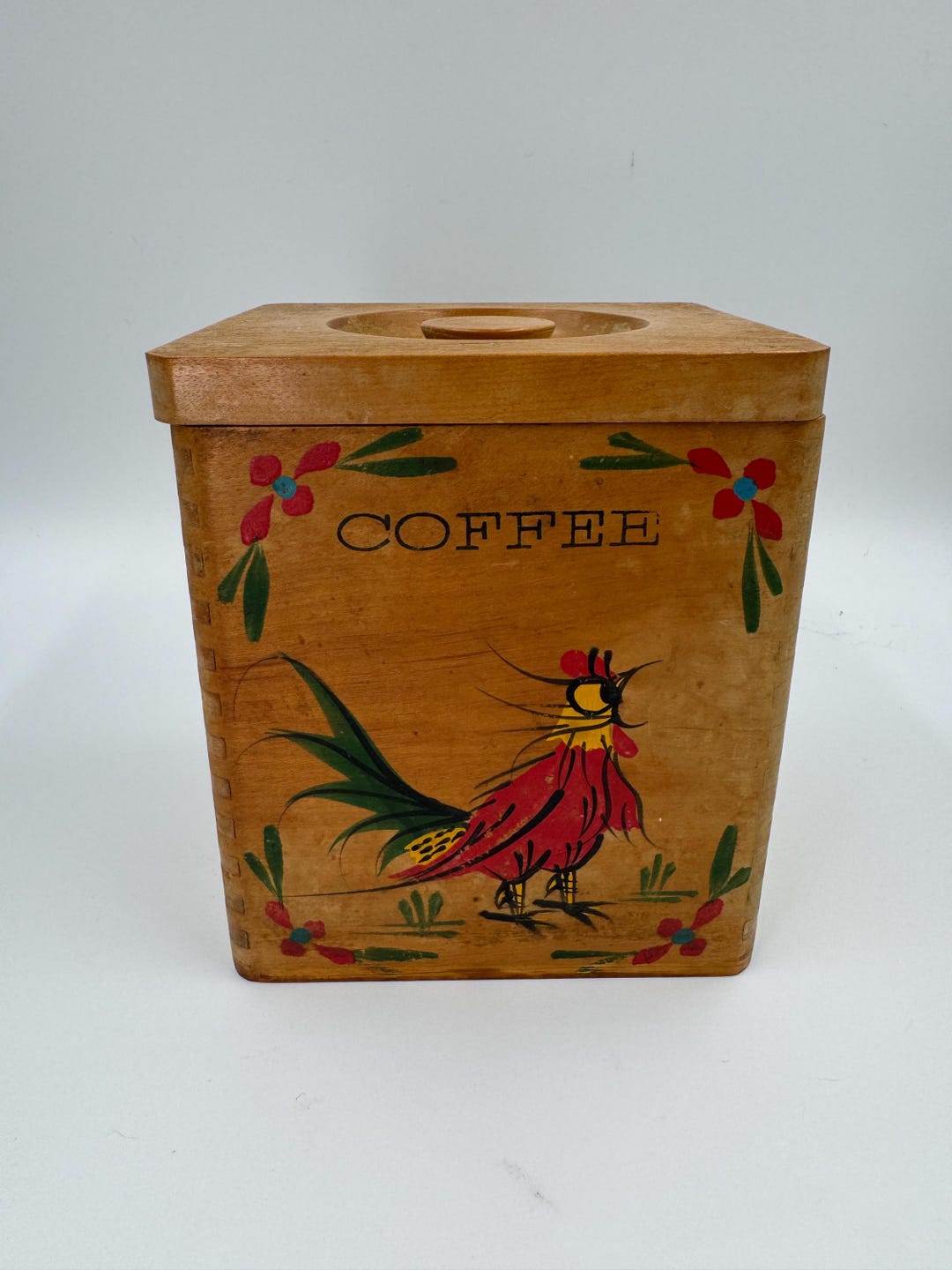 Vintage Wooden Coffee Box With Hand Painted Rooster - Folk Art Canister ...