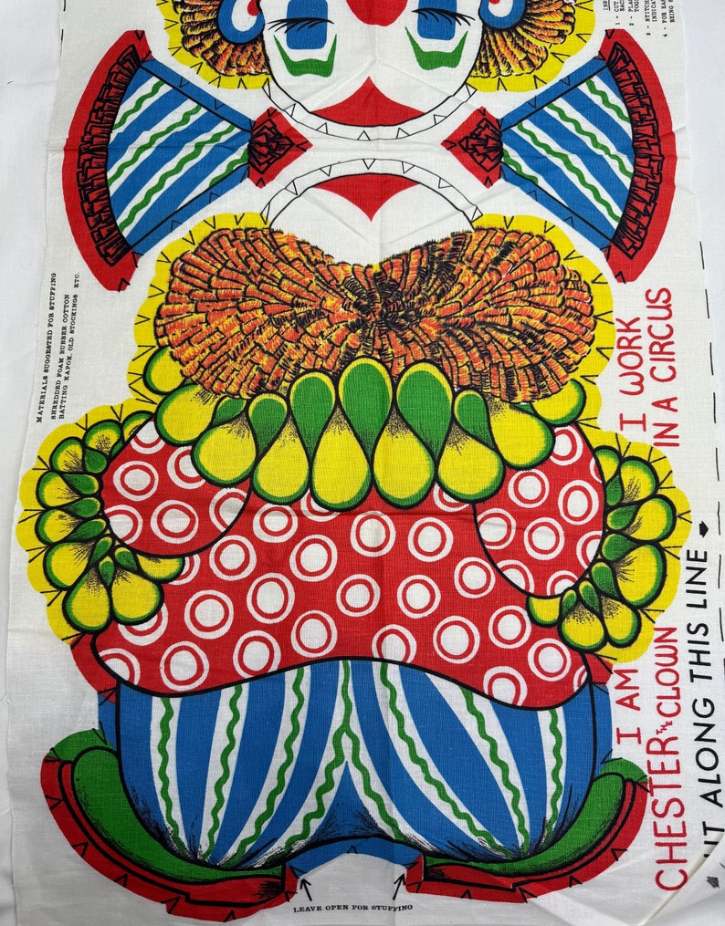 Vintage 1960's Chester the Clown Cut & Sew Fabric Panel Stuffed Animal ...