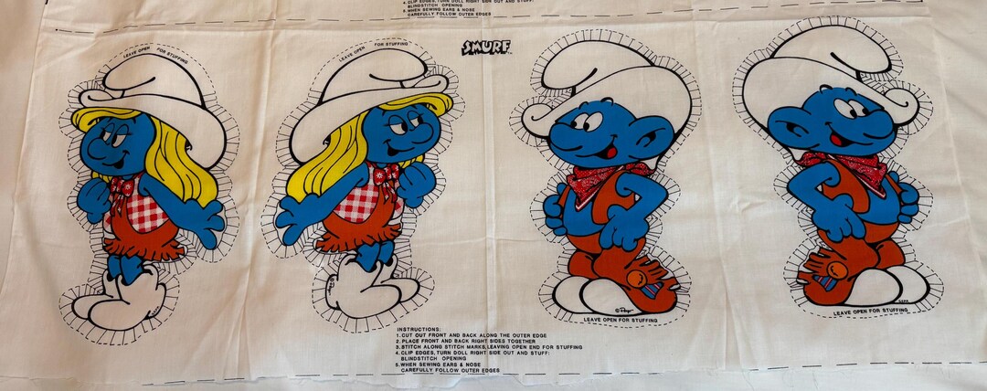 1982 WESTERN SMURF and SMURFETTE Cut and Sew Fabric Panel, Mint ...