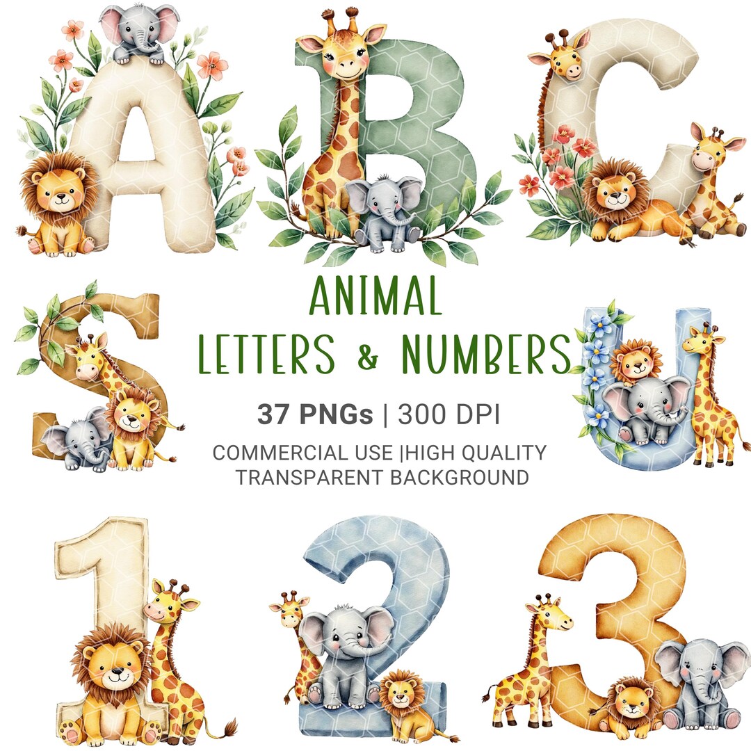 Animal Watercolor Clipart PNG | Safari Letters and Numbers | Digital ...