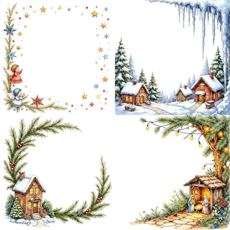 Watercolor Christmas Borders Clipart: Holiday Frames PNG (digital ...