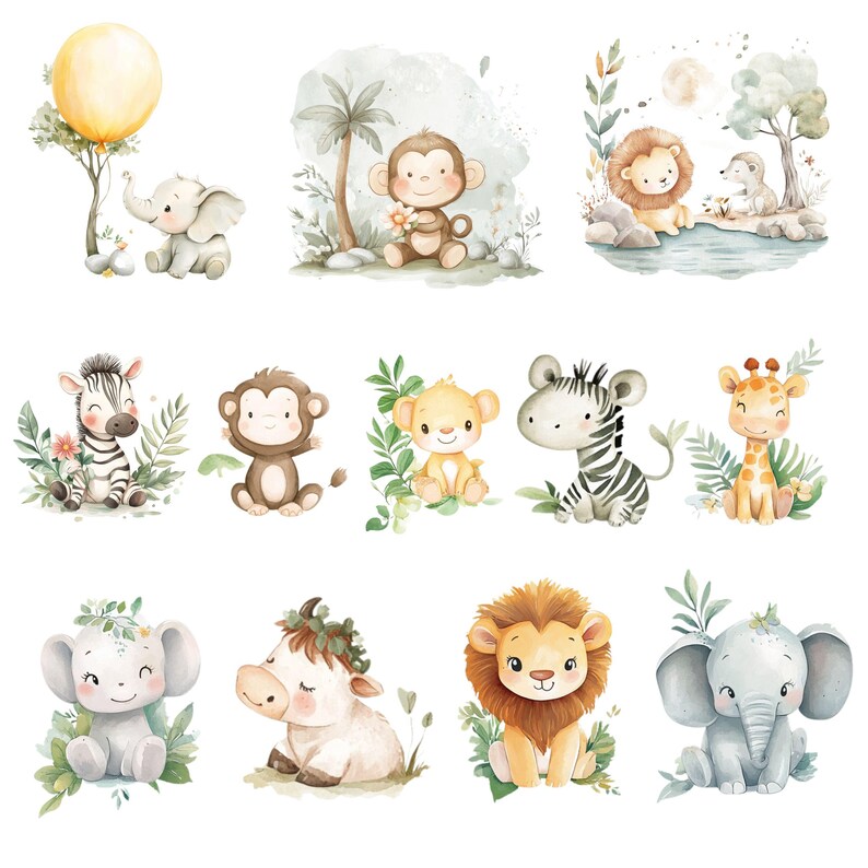 30 Cute Safari Animal Cliparts Bundle – Soft Watercolor Jungle Animals ...