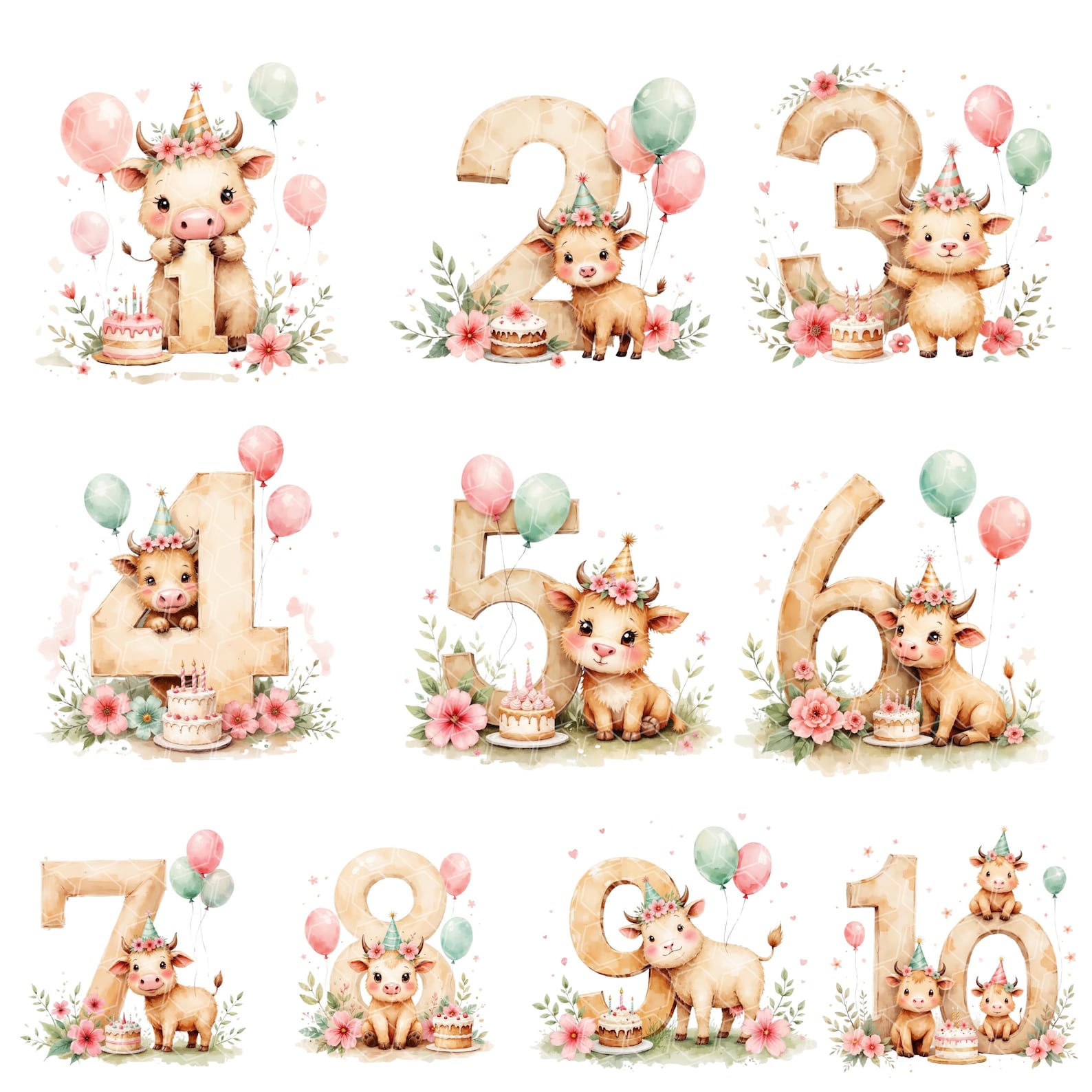 Celebration Number Clipart | Watercolor Numbers 1-10 PNG Invitations ...