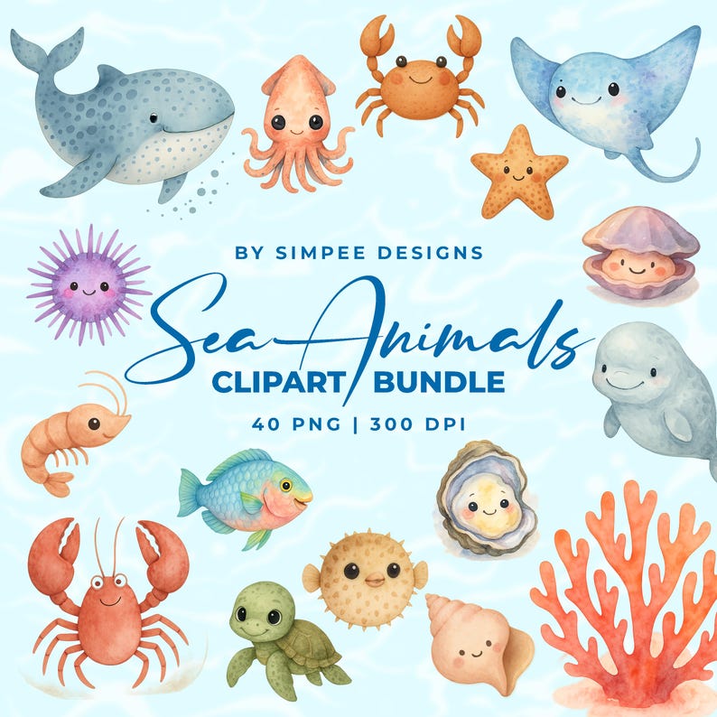 40 Watercolor Sea Animals Clipart Bundle | Ocean Creatures PNG | Marine ...