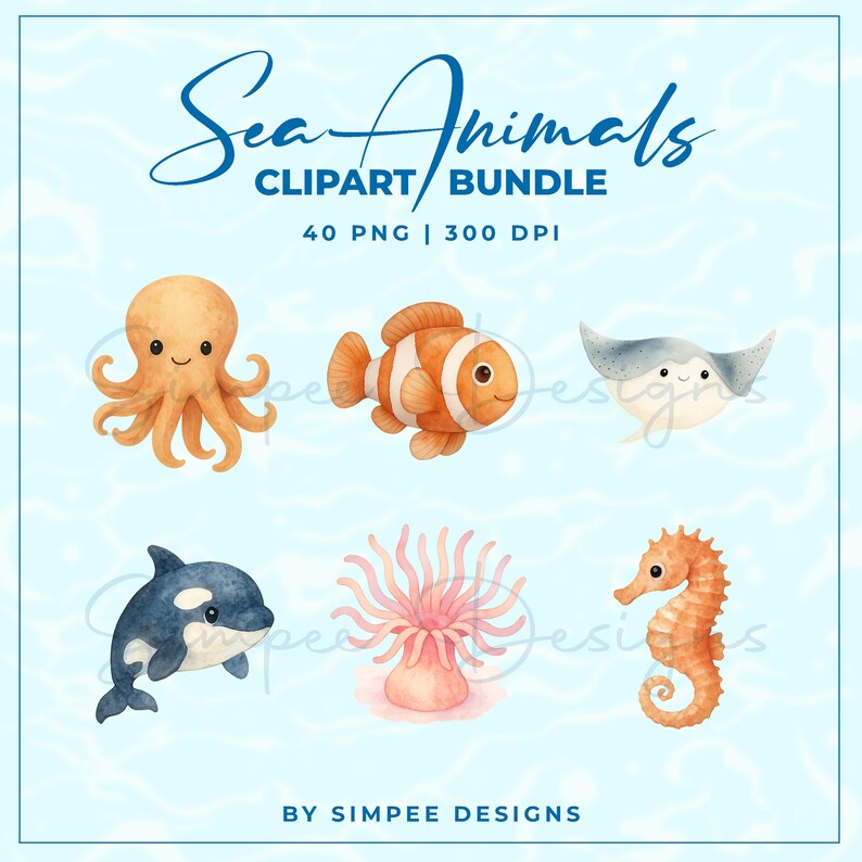 40 Watercolor Sea Animals Clipart Bundle | Ocean Creatures PNG | Marine ...