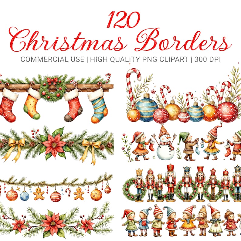 Watercolor Christmas Borders Clipart: Holiday Frames PNG (digital ...