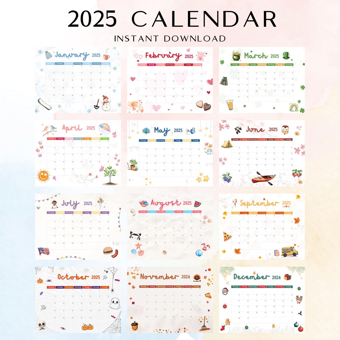 2025 Calendar Printable, Monthly Planner, Wall or Desk Month Calendar ...