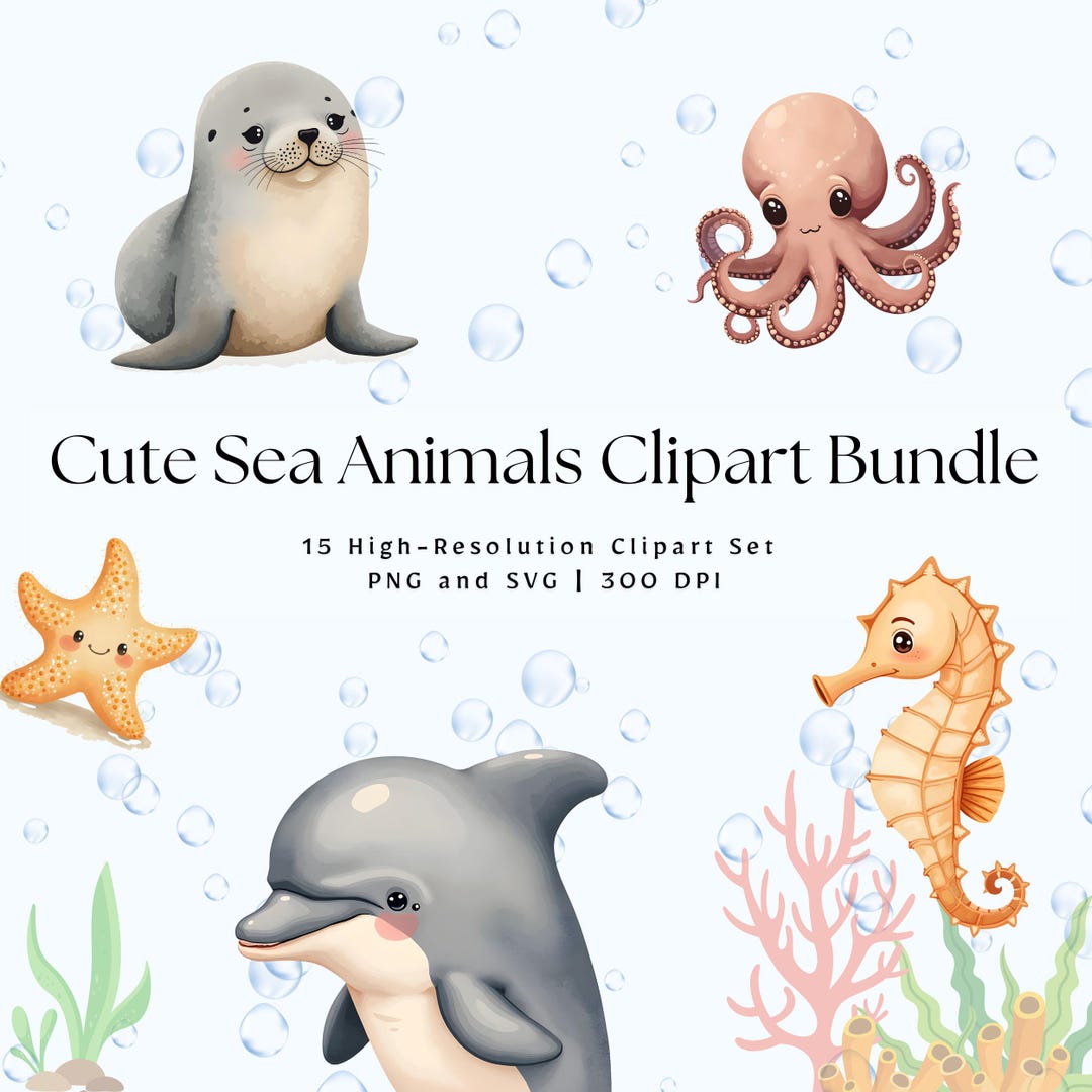 Watercolor Sea Animals Clipart Bundle, Printable Animals, Editable SVG ...