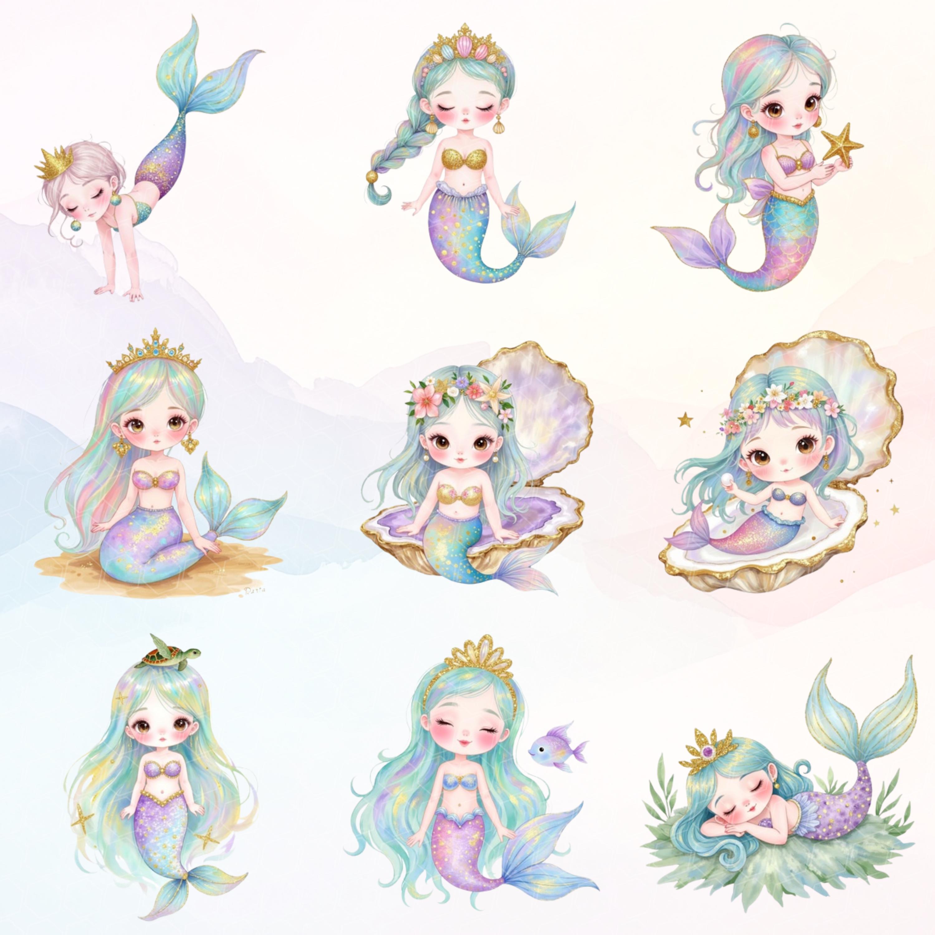 Dreamy Mermaid Clipart PNG | Little Mermaid | Watercolor Under the Sea ...