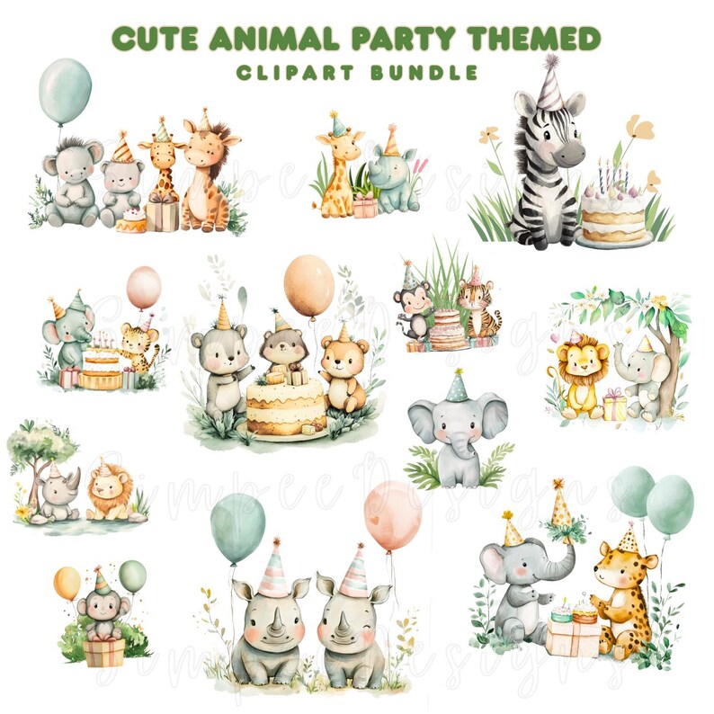 Cute Animal Party Themed Clipart Bundle - 30 Adorable Watercolor Animal ...