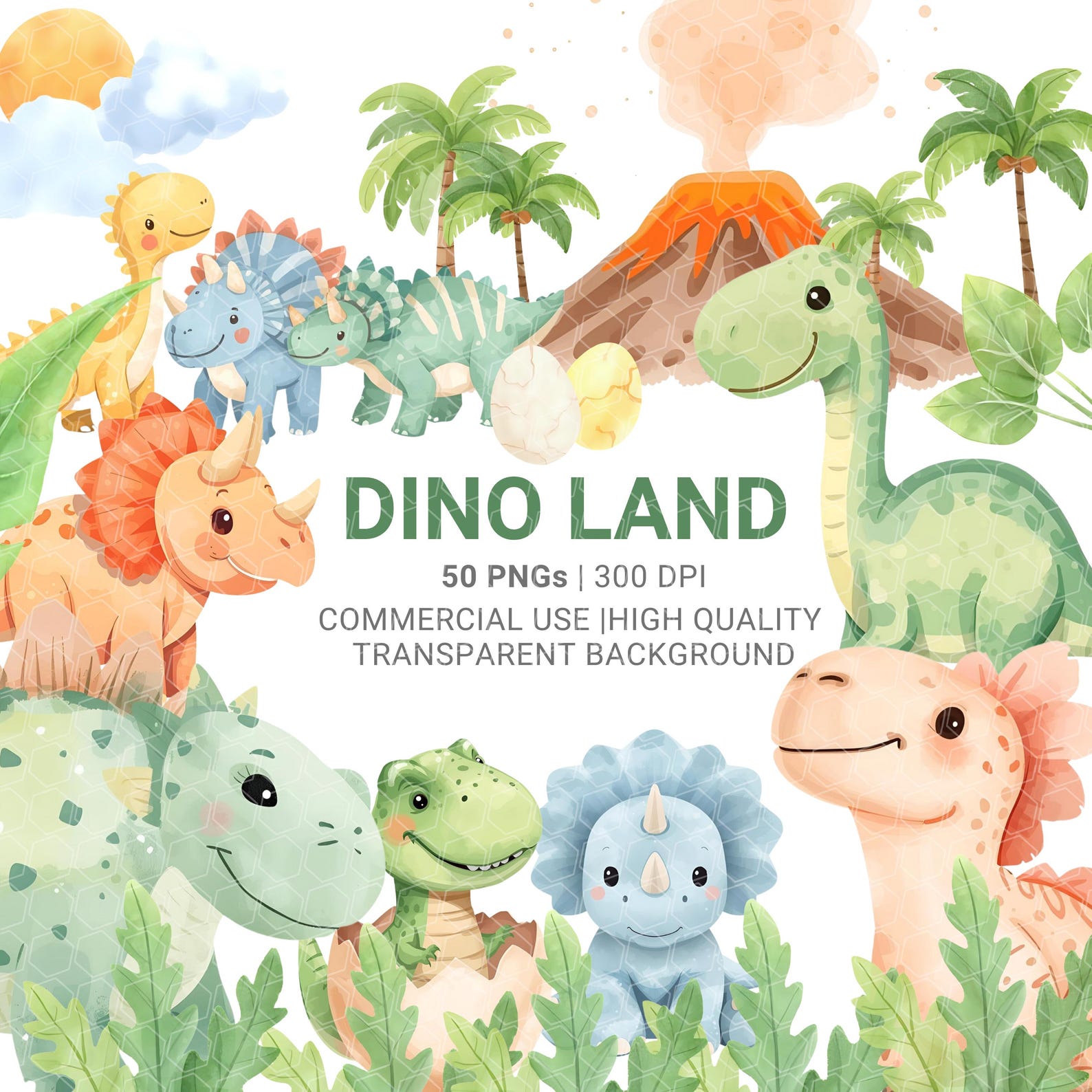 Watercolor Dinosaur Clipart PNG | Baby Dino Nursery Art (digital ...