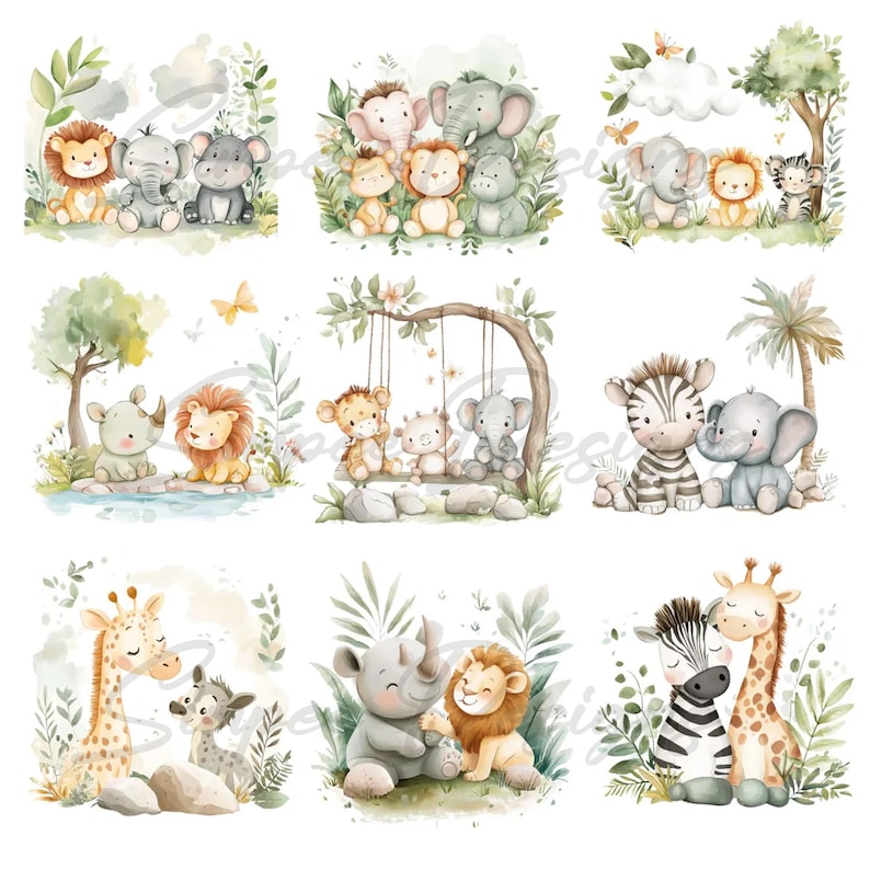 30 Cute Safari Animal Cliparts Bundle – Soft Watercolor Jungle Animals ...