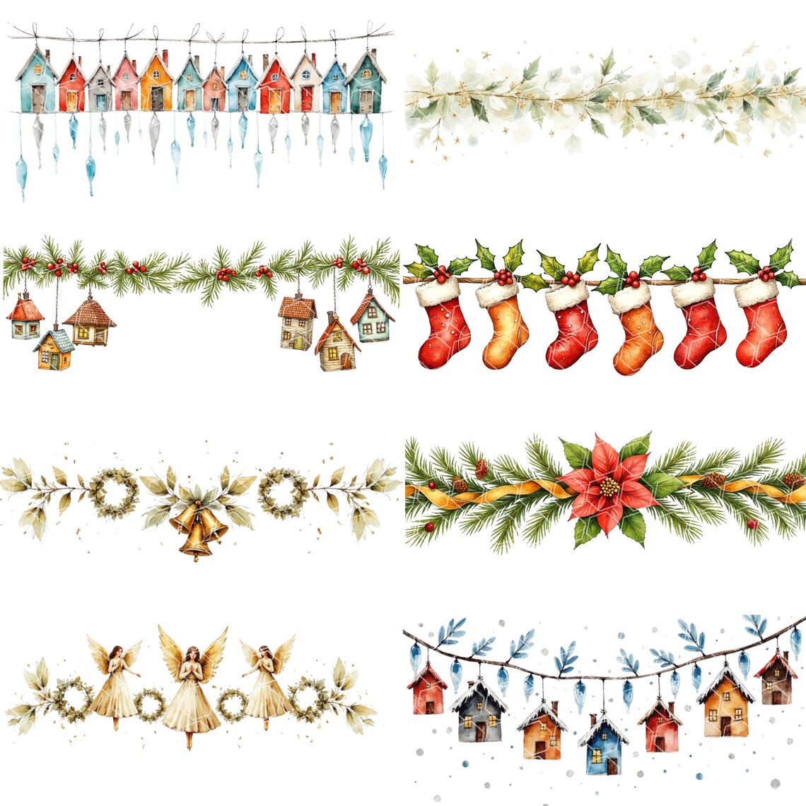 Watercolor Christmas Borders Clipart: Holiday Frames PNG (digital ...
