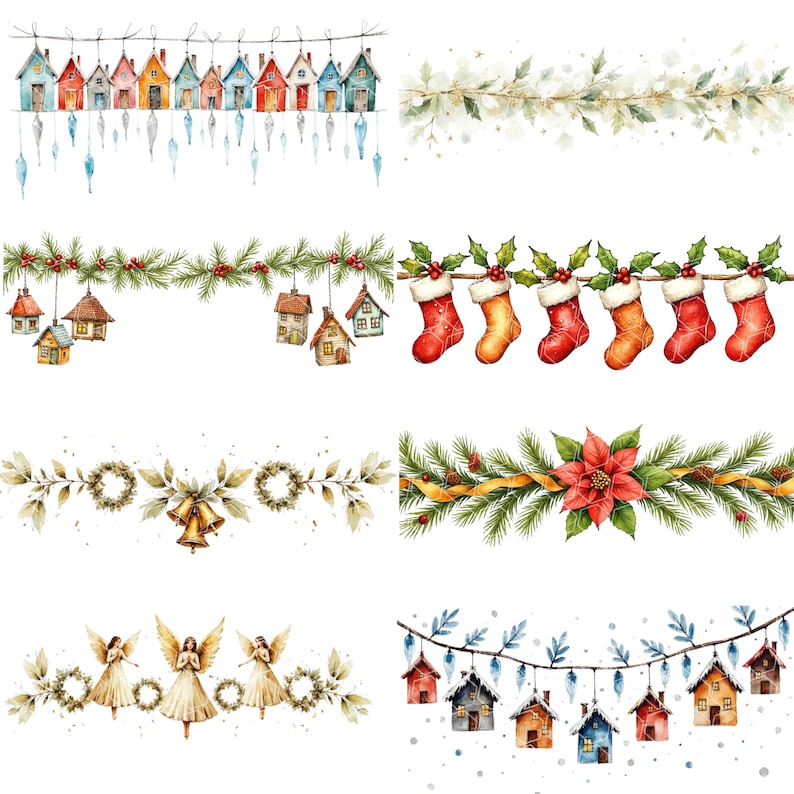 Watercolor Christmas Borders Clipart: Holiday Frames PNG (digital ...