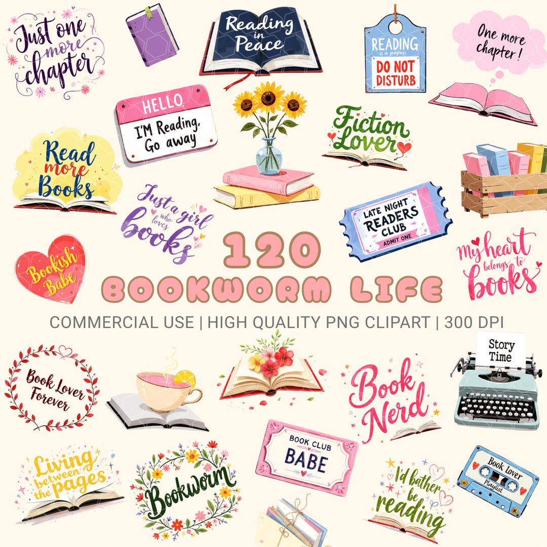 Book Lover Clipart Bundle: Watercolor PNG Bookworm Stickers (digital ...