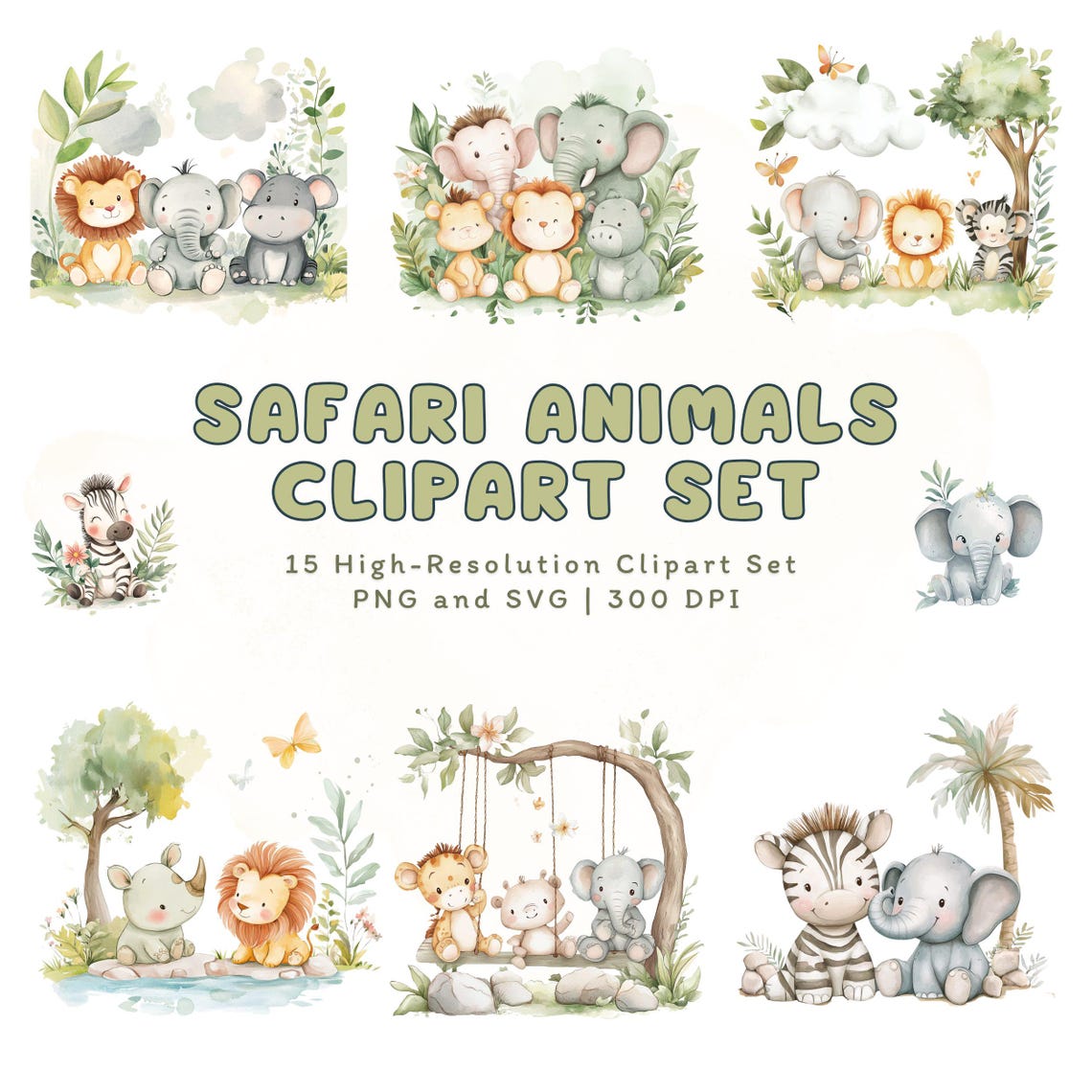 30 Cute Safari Animal Cliparts Bundle – Soft Watercolor Jungle Animals ...