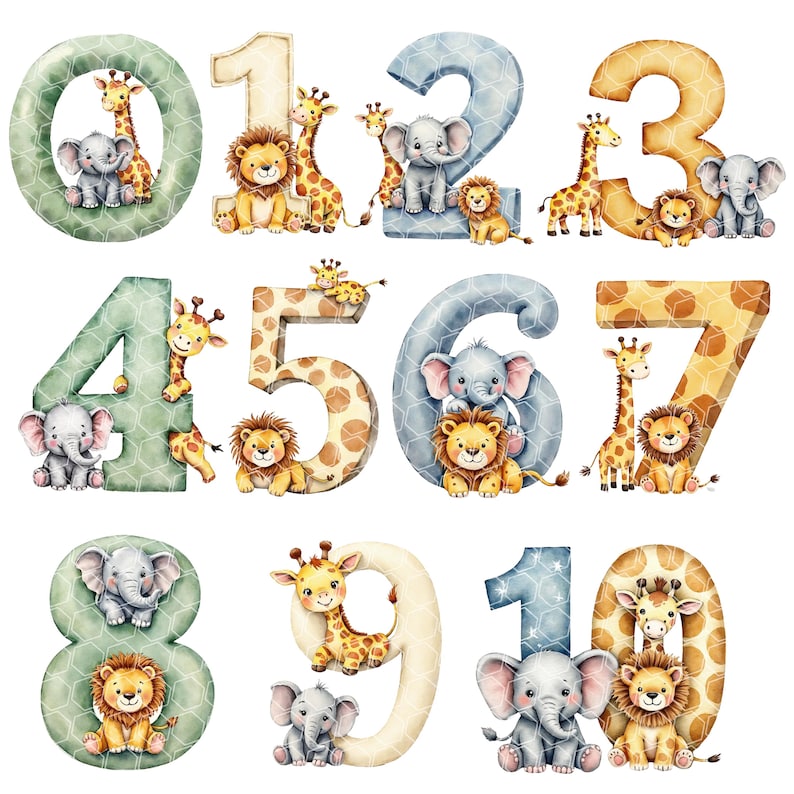 Animal Watercolor Clipart PNG | Safari Letters and Numbers | Digital ...