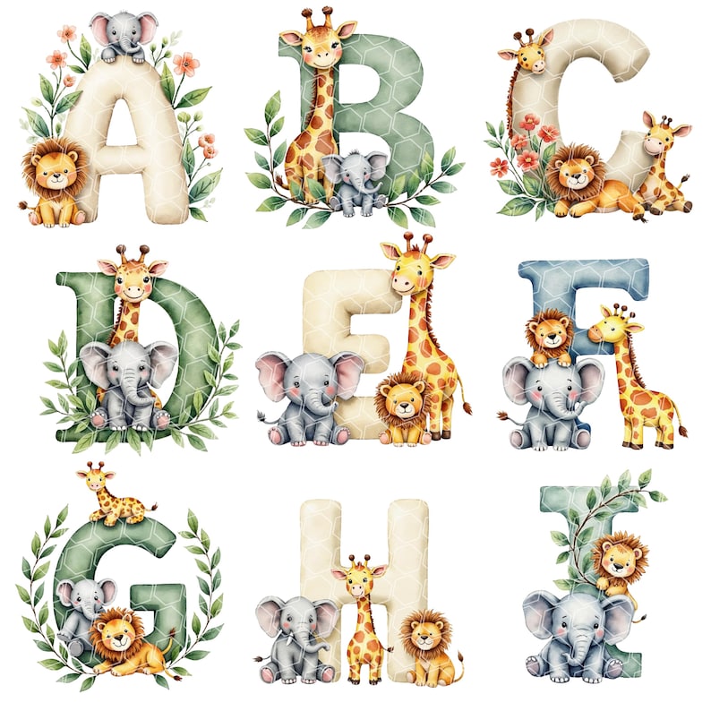 Animal Watercolor Clipart PNG | Safari Letters and Numbers | Digital ...
