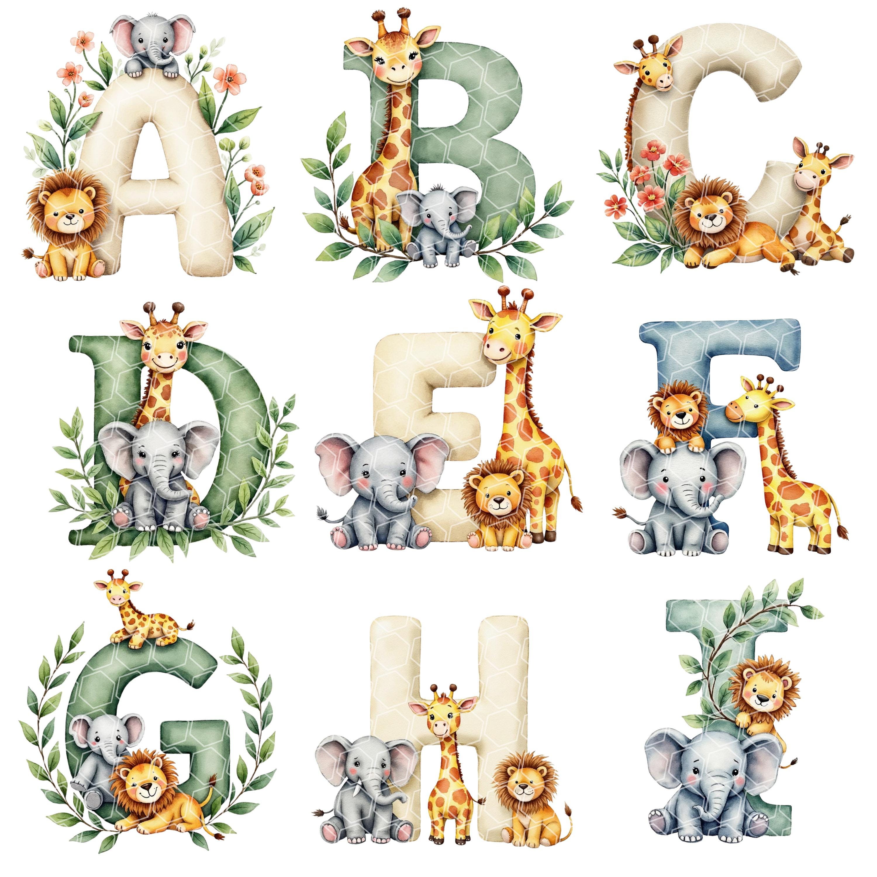Animal Watercolor Clipart PNG | Safari Letters and Numbers | Digital ...