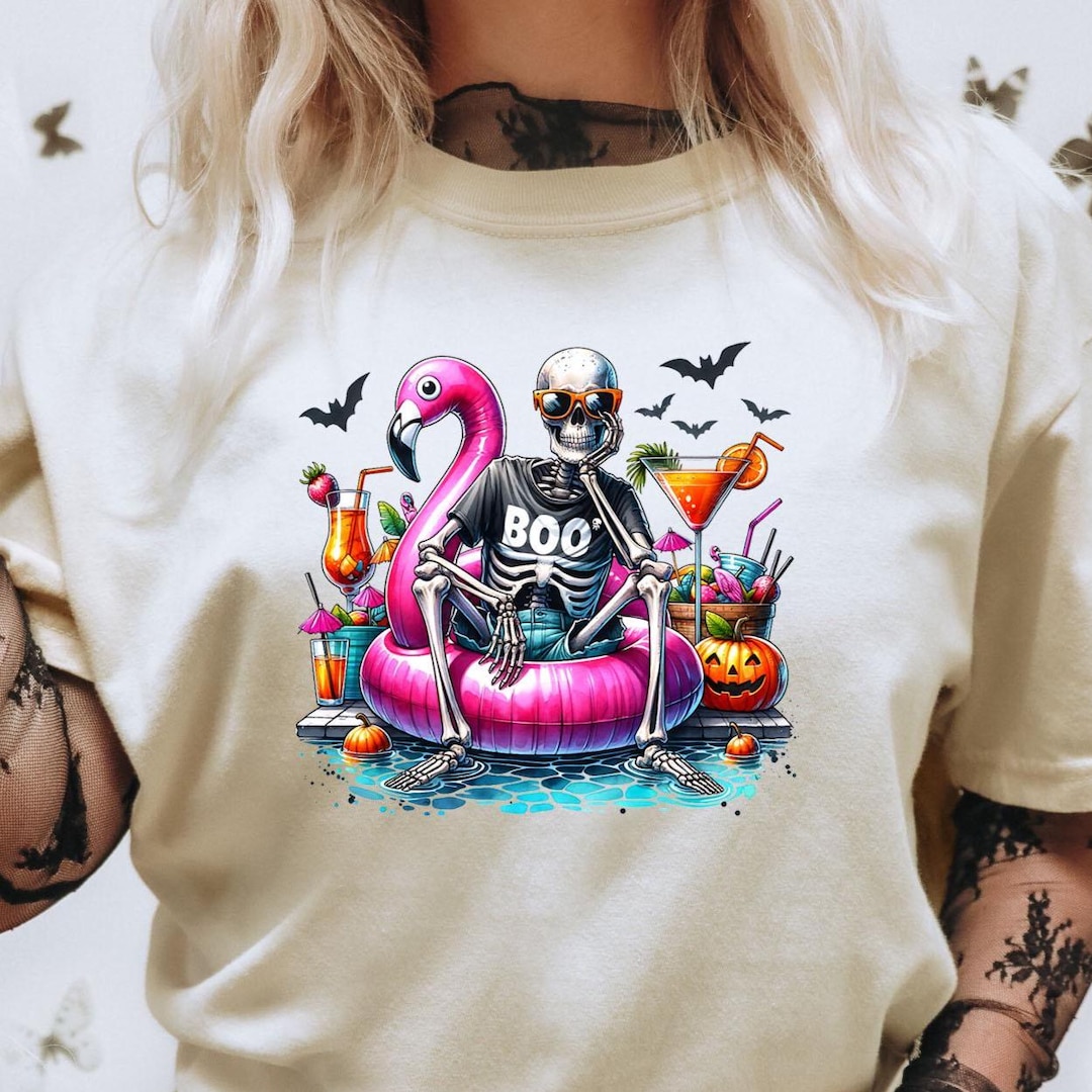 Tropical Goth Skeleton & Flamingo PNG – Summer Halloween Art (digital ...