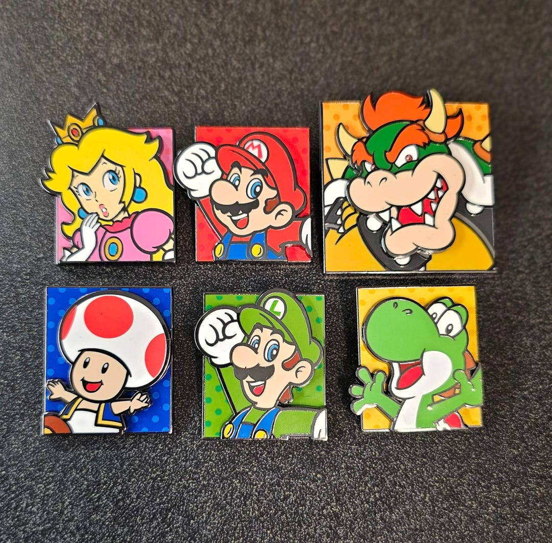 Super Mario World Frame Enamel Pins Luigi, Bowser, Yoshi, Toad & Peach ...