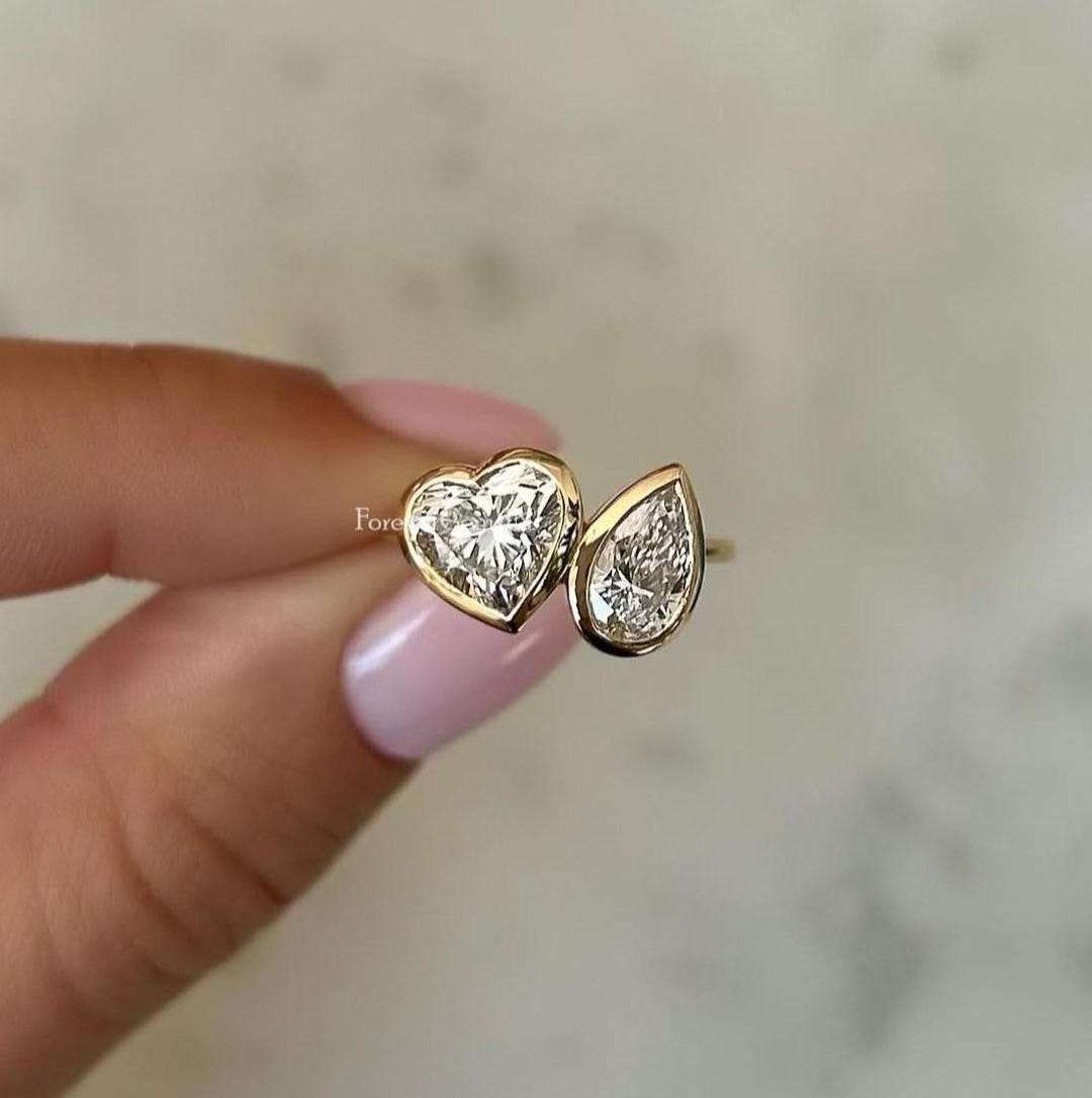 Bezel Set Moissanite Ring Two Stone Moissanite Ring 2.50 Ctw Pear ...