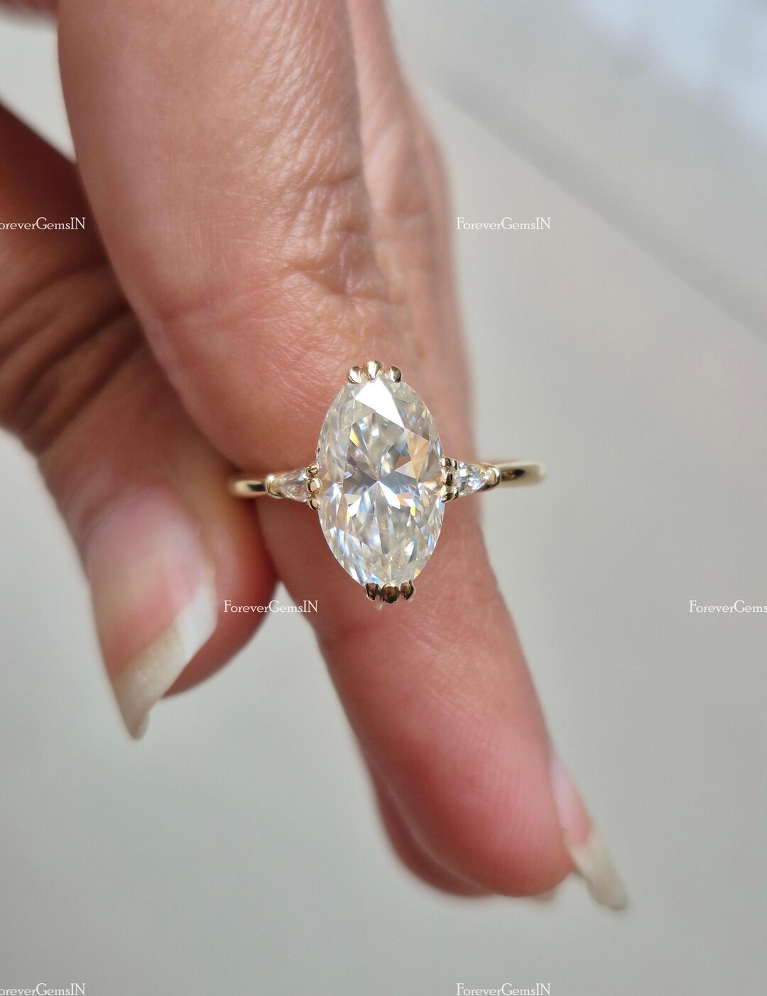 Long Moval Lab Diamond Ring Three Stone Lab Grown Diamond Engagement ...