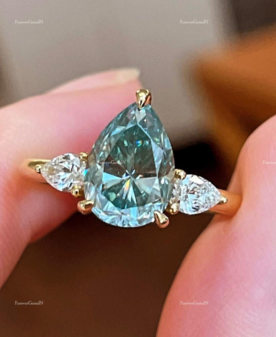 Cyan Blue Moissanite Ring Three Stone Moissanite Engagement Ring 2.50 ...
