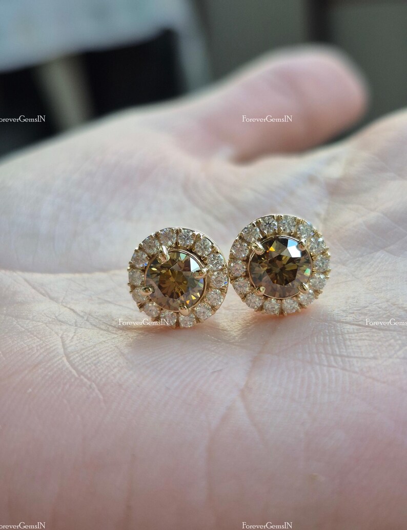 3.00 Ctw Round Cut Dark Brown Moissanite Earring Halo Moissanite Stud ...