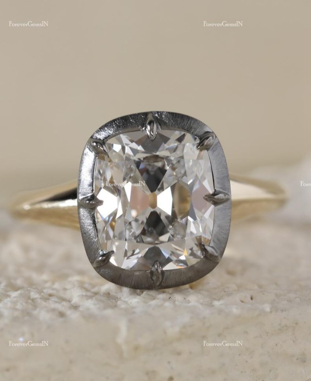 Old Mine Lab Diamond Black Bezel Set Cushion Lab Grown Diamond Ring 3. ...