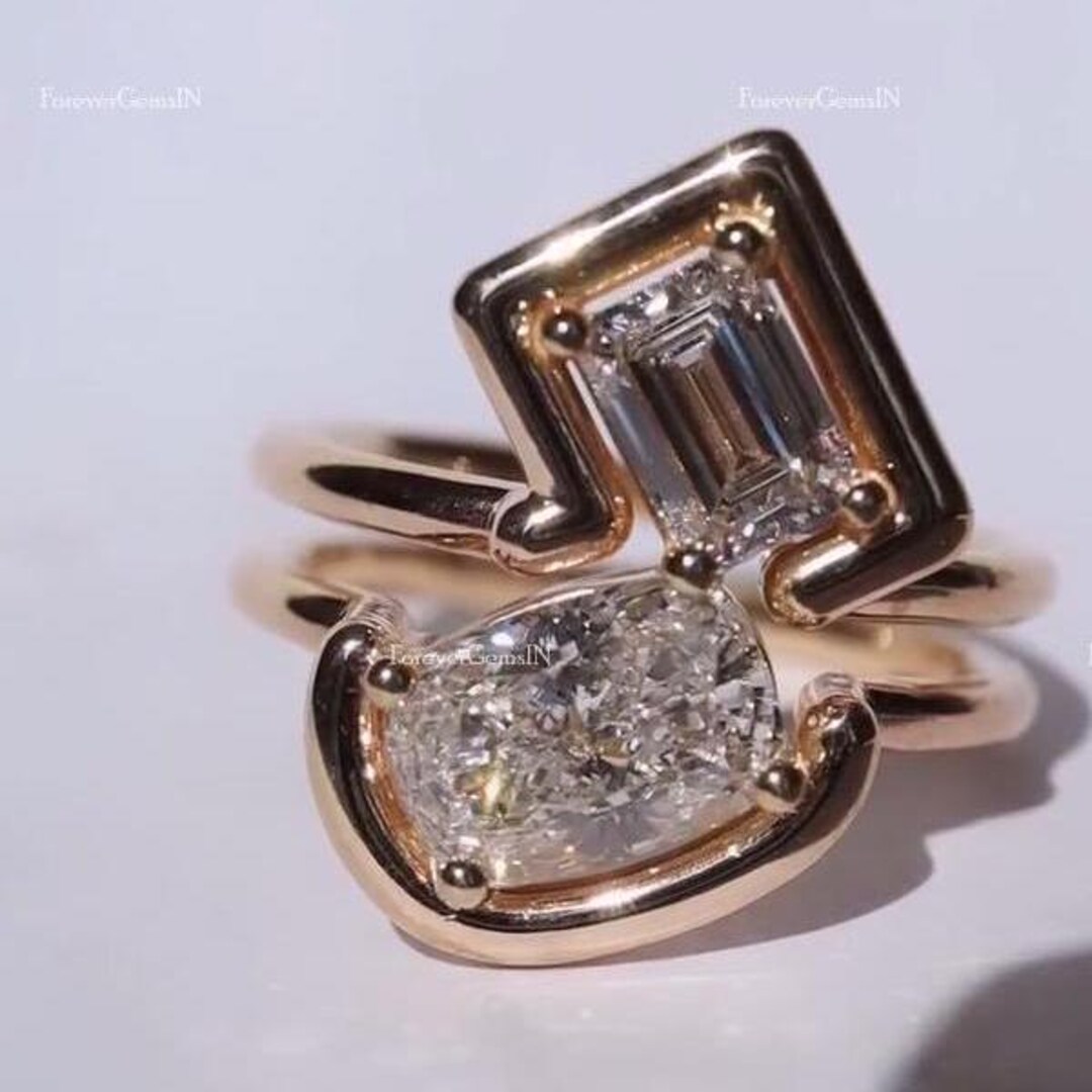 Two Stone Engagement Ring Bezel Set Moissanite Ring 1.50 Ctw Emerald ...