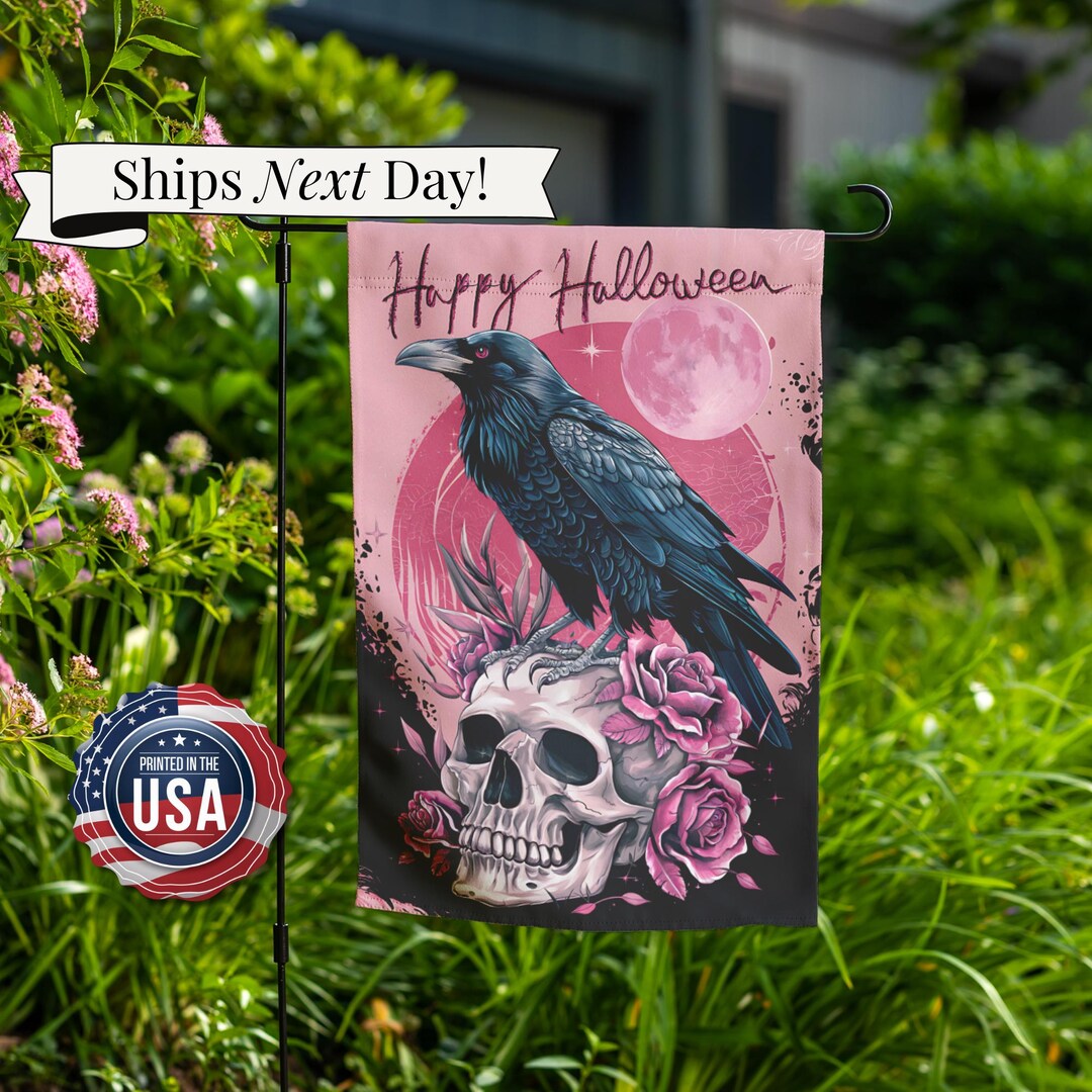 Raven Skull and Rose Gothic Halloween Garden Flag Double-sided Pink ...