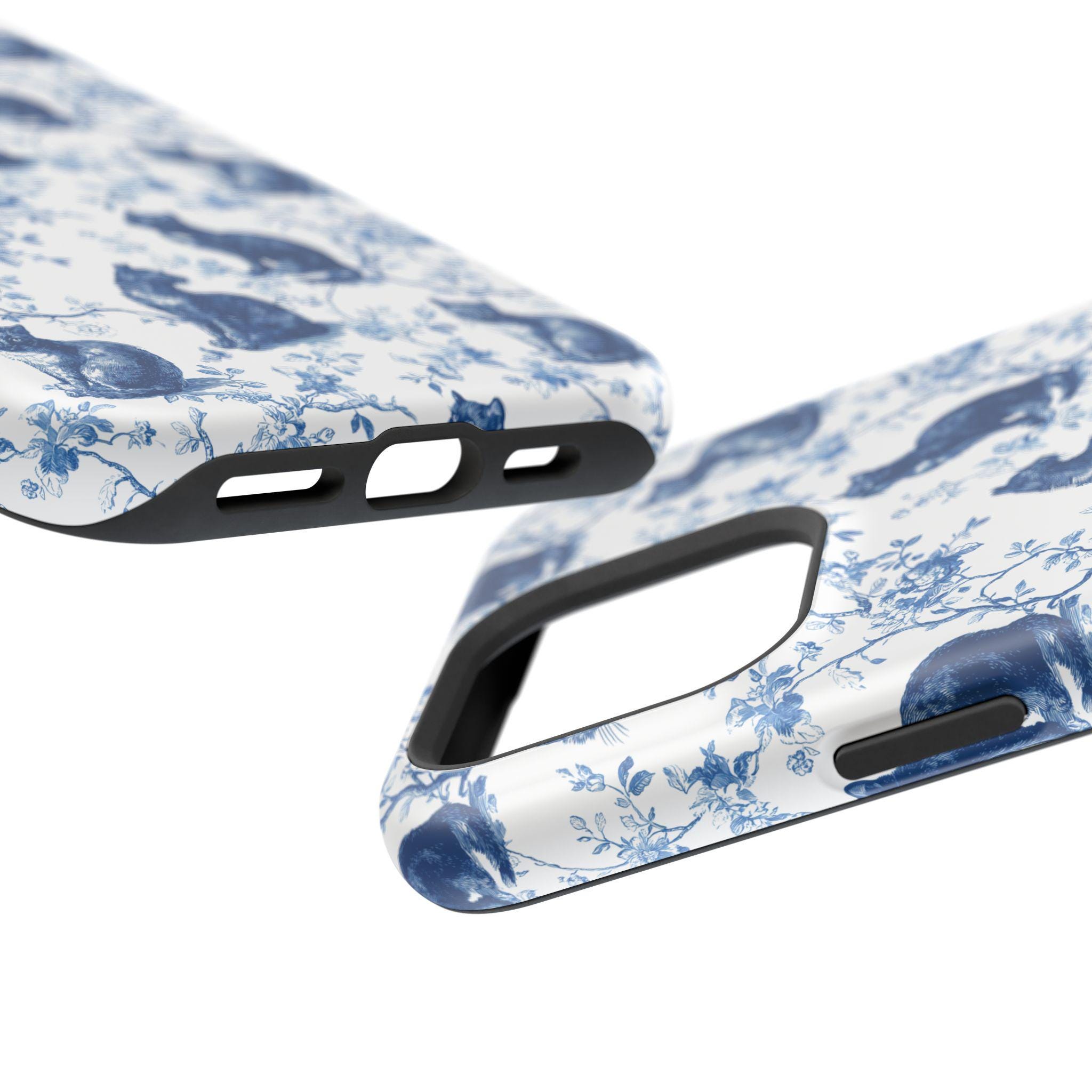 Tortoiseshell Cat Blue Toile Magsafe Tough Phone Case iPhone 17, 16, 15 ...