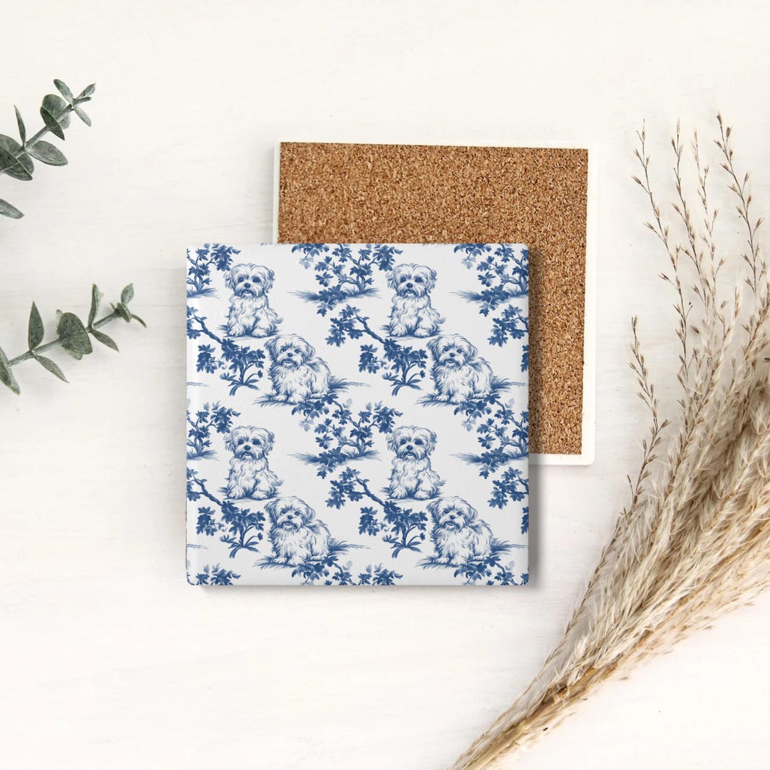 Maltese Blue Toile Ceramic Coaster - One Maltese Cork Back French Toile ...