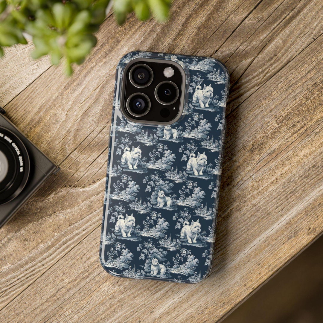 Westie Blue Toile Magsafe Compatible Tough Phone Case for iPhone 16 15 ...