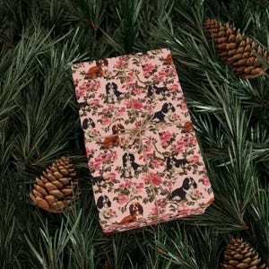 Floral Cavalier King Charles Spaniel Wrapping Paper, Pink Floral Gift ...