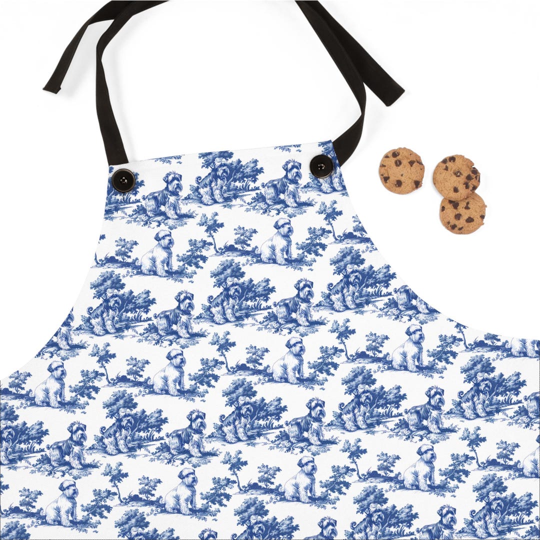 Schnauzer French Toile Apron - Blue Toile De Jouy Apron Kitchen Cooking ...