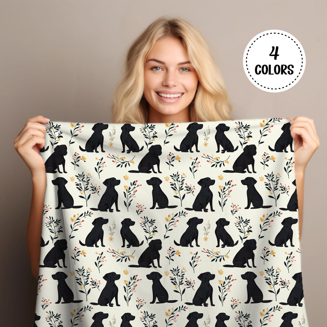 Black Labrador Botanical Blanket - Cozy Velveteen Plush Throw, Black ...