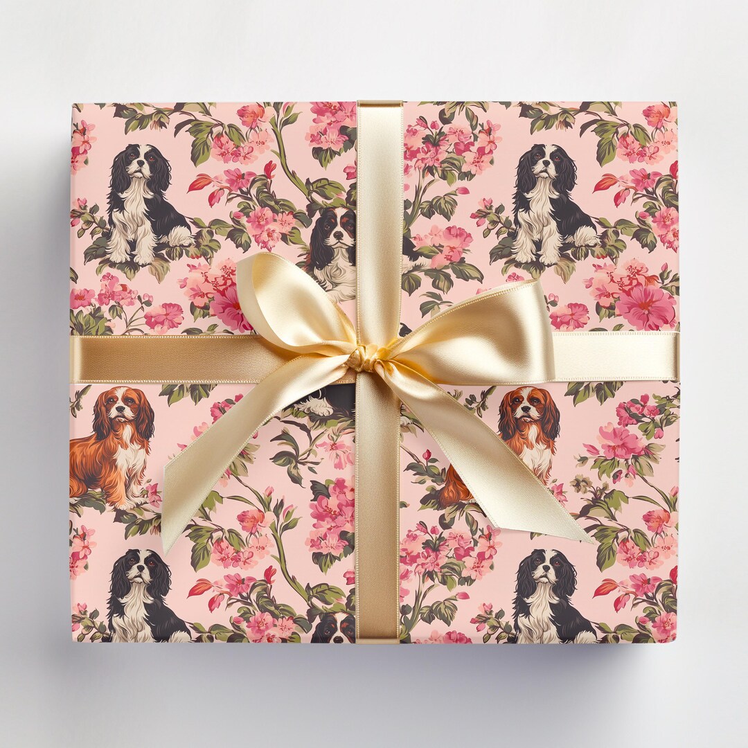 Floral Cavalier King Charles Spaniel Wrapping Paper, Pink Floral Gift ...
