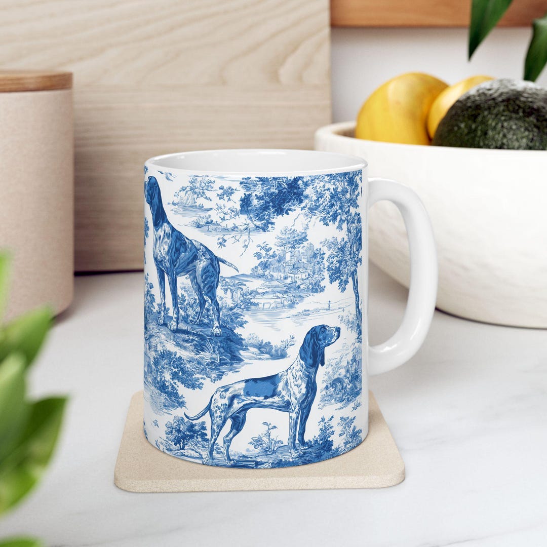 Toile Coonhound Mug, Blue French Toile Coffee Cup Gift for Coonhound ...