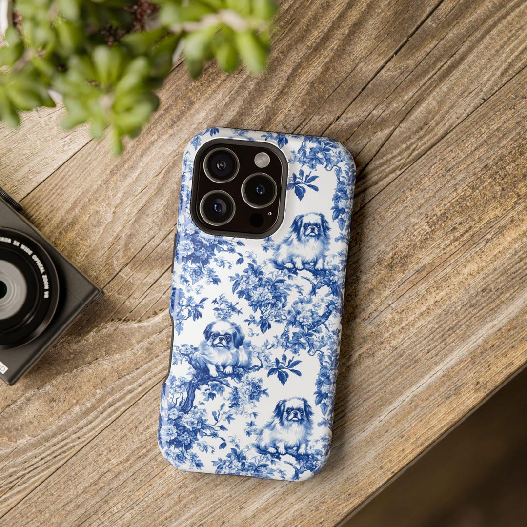 Pekingese Blue Toile Magsafe Tough Phone Case iPhone 16, 15, 14, 13 Pro ...