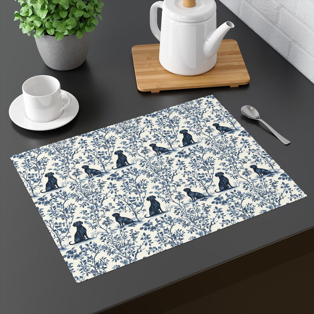 Placemat Black Labrador Toile, Deep Blue and Cream Toile De Jouy Dining ...