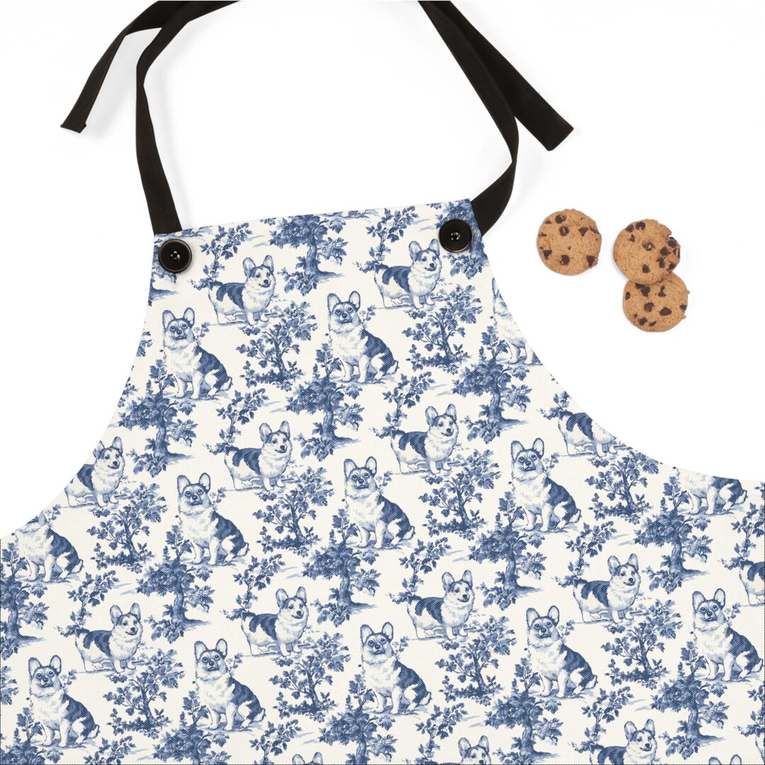 Corgi Apron, Blue Toile Apron for Corgi Mom, Kitchen Cooking Gifts ...