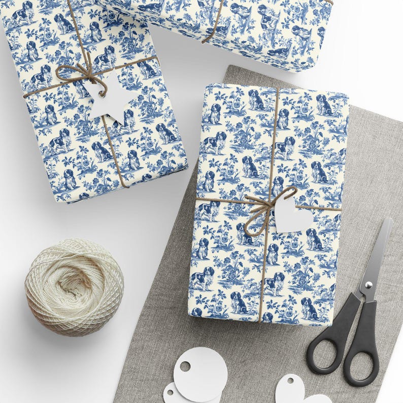 Cavalier King Charles Spaniel Blue Toile Wrapping Paper, Gift Wrap ...