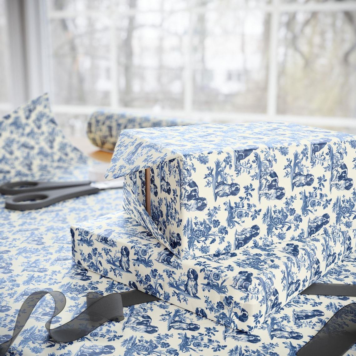 Cavalier King Charles Spaniel Blue Toile Wrapping Paper, Gift Wrap ...