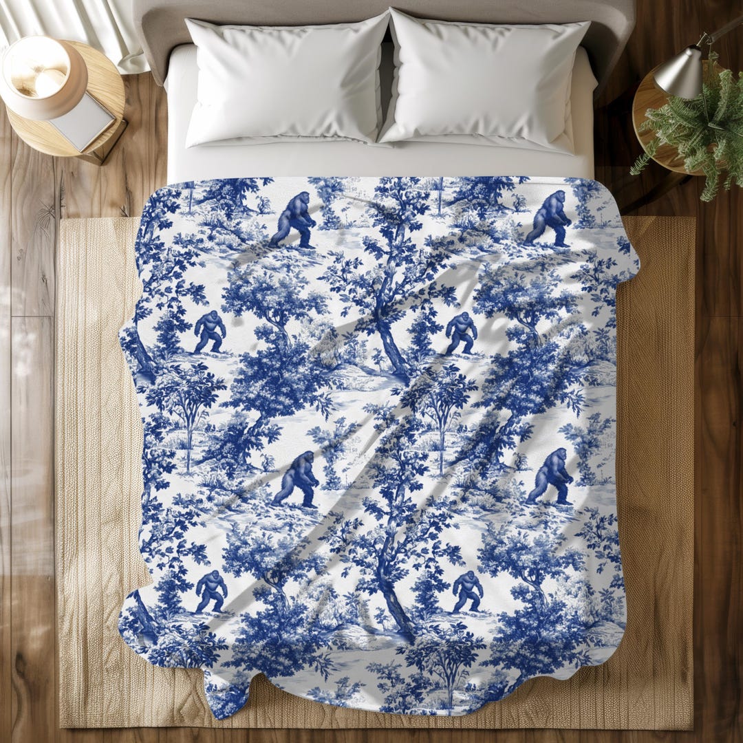Bigfoot Sasquatch French Toile Blanket, Velveteen Blue Toile De Jouy ...