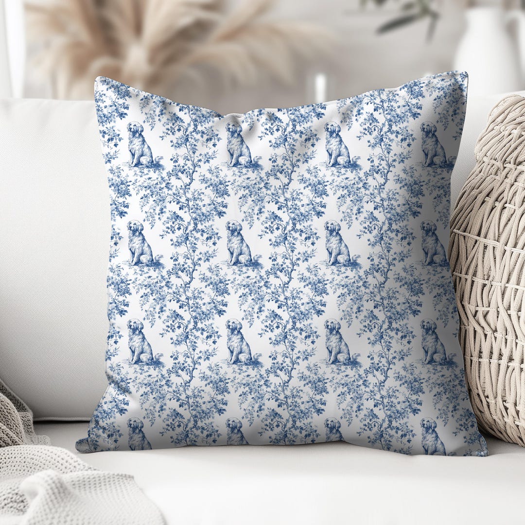Blue Toile Golden Retriever Toile Pillow, Toile De Jouy Cushion ...