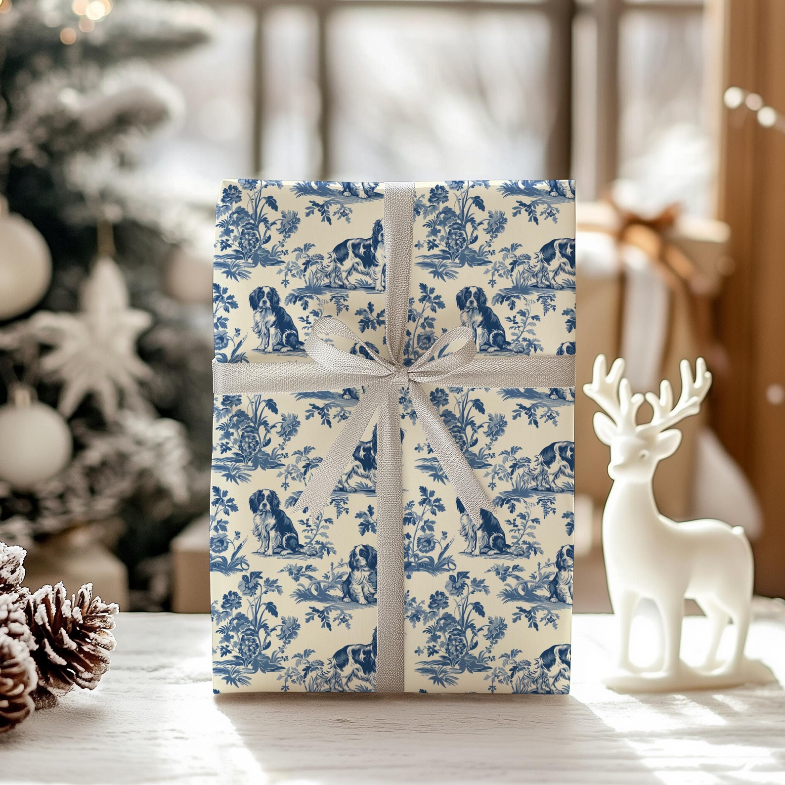 Cavalier King Charles Spaniel Blue Toile Wrapping Paper, Gift Wrap ...